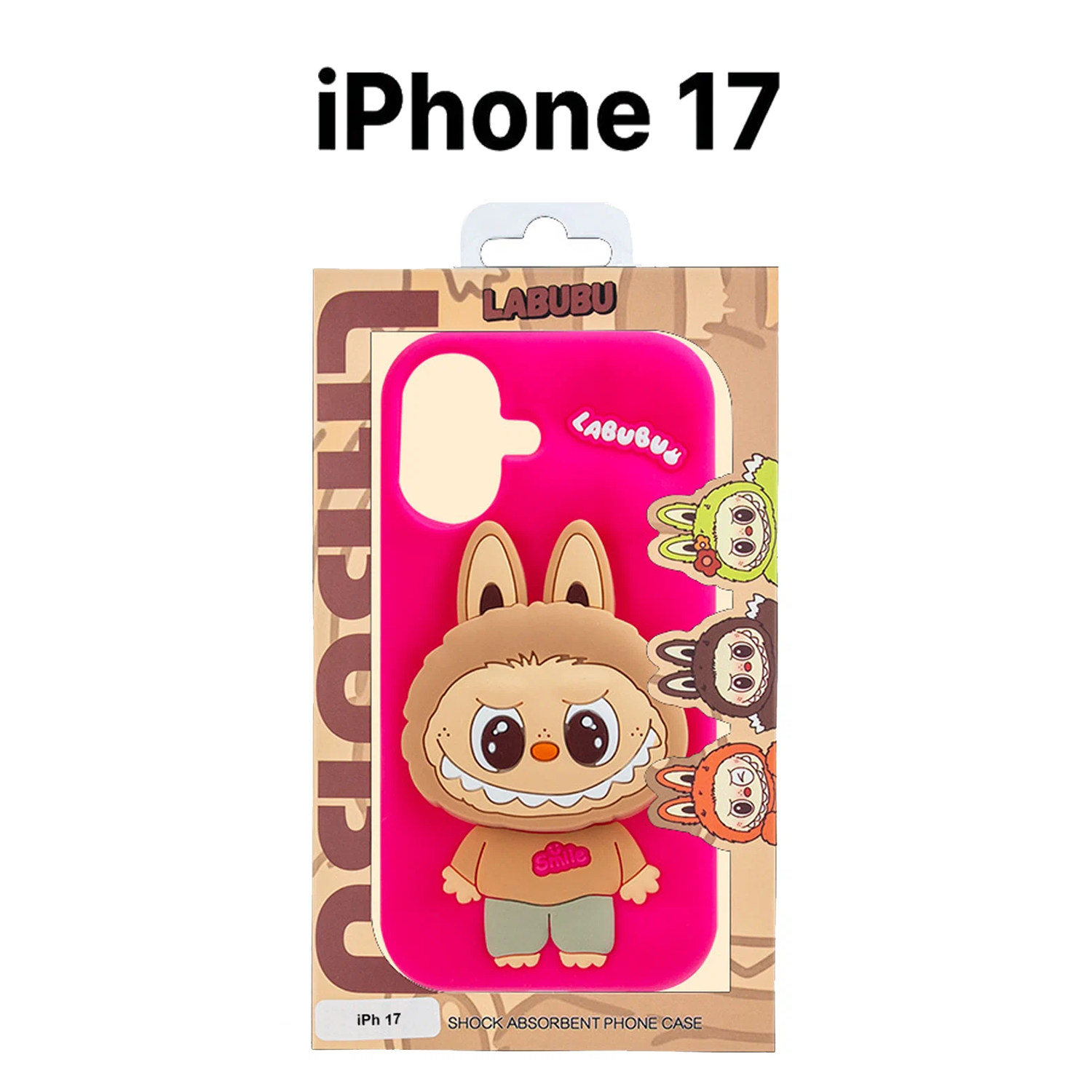 Чехол для Apple iPhone 17 Labubu Silicone Case, Лабубу, встроенная подставка попсокет, розовый