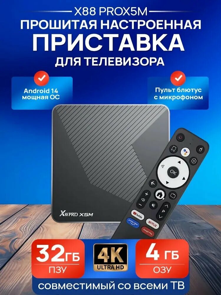 ТВ приставка X88 PRO X5M 4+32gb на Android 14 TV бокс, S905a, 4K UHD, Гигабитный LAN, Dual-Band Wi-Fi, BT 5.0, Голосовой пульт