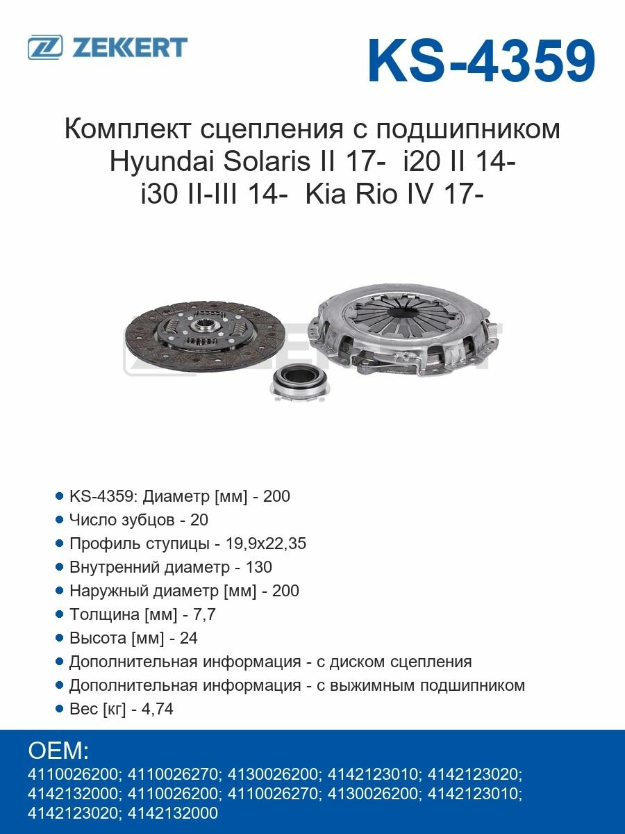 Zekkert Комплект сцепления с подшипником Hyundai Solaris II 17- i20 II с 2014 года i30 II-III с 2014 года Kia Rio IV 17-