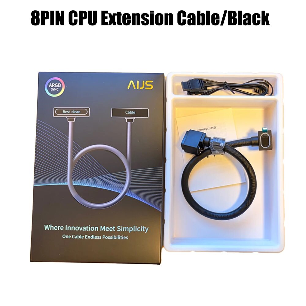 AIJS 8-контактный удлинительный кабель питания процессора с ARGB подсветкой 30 см 8PIN CPU Black
