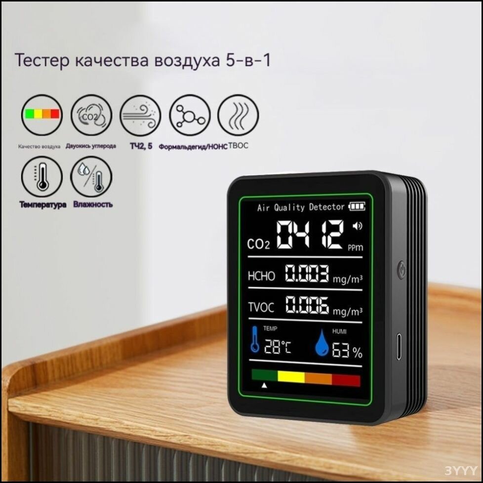 Измеритель качества воздуха с CO2, температурой и влажностью, экран TFT LCD 2.8 дюйма, для дома и офиса