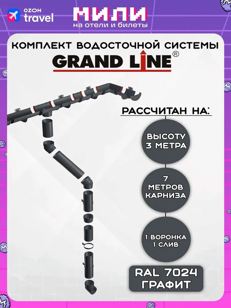 Комплект водосточной системы Grand Line 7 метров темно-серый (120мм/90мм) водосток для крыши пластиковый Гранд Лайн темно-серый (RAL 7024)