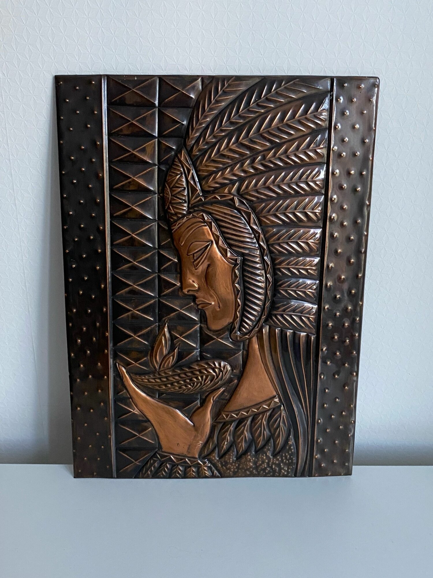 Панно "Индианка". Чеканка. Медь. СССР. Длина: 38.5 см. Ширина: 28 см.