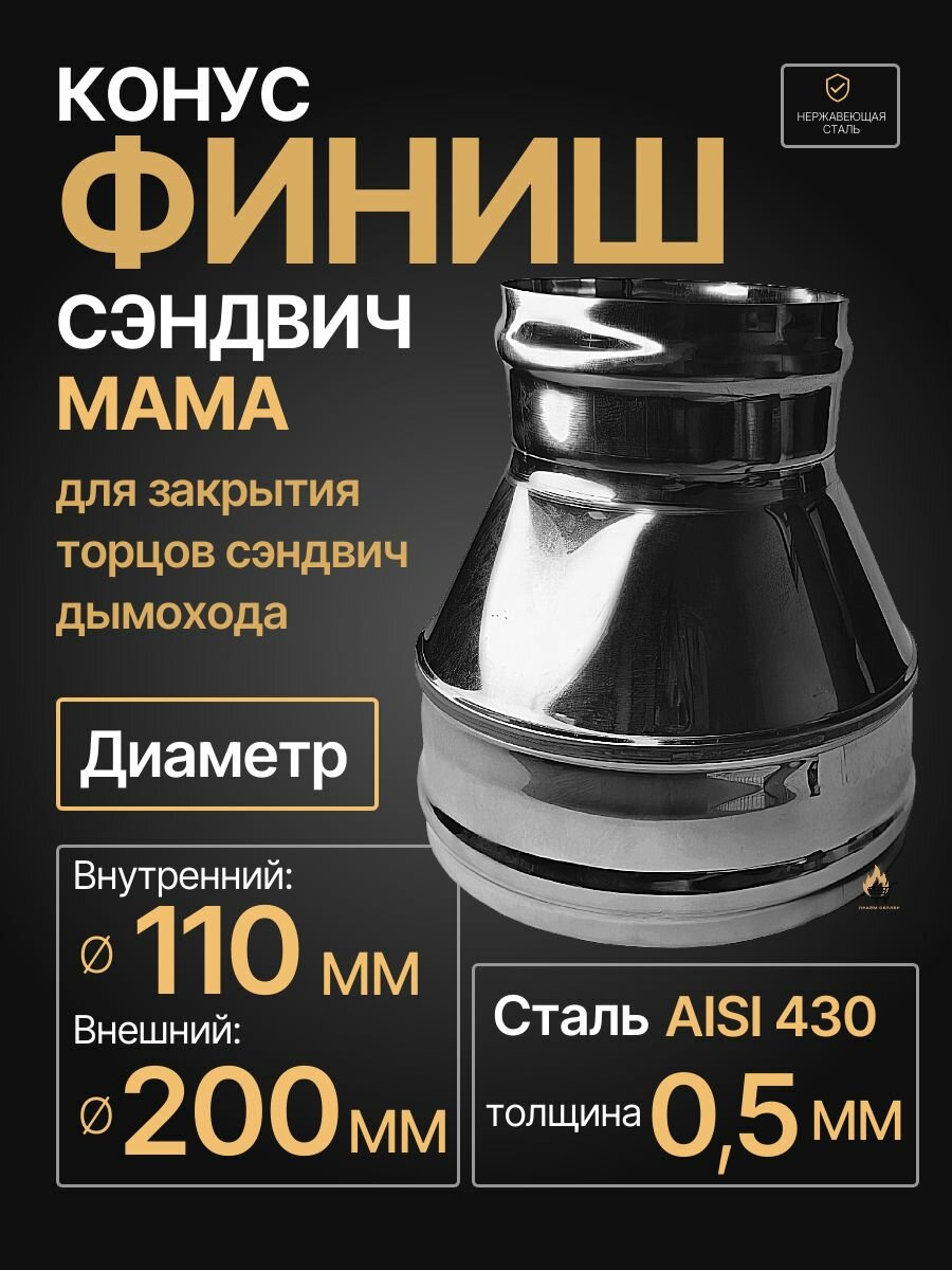 Конус (Финиш М) сэндвич для дымохода D 110x200 мм (0,5/430*0,5/430) нерж/нерж "Прок"