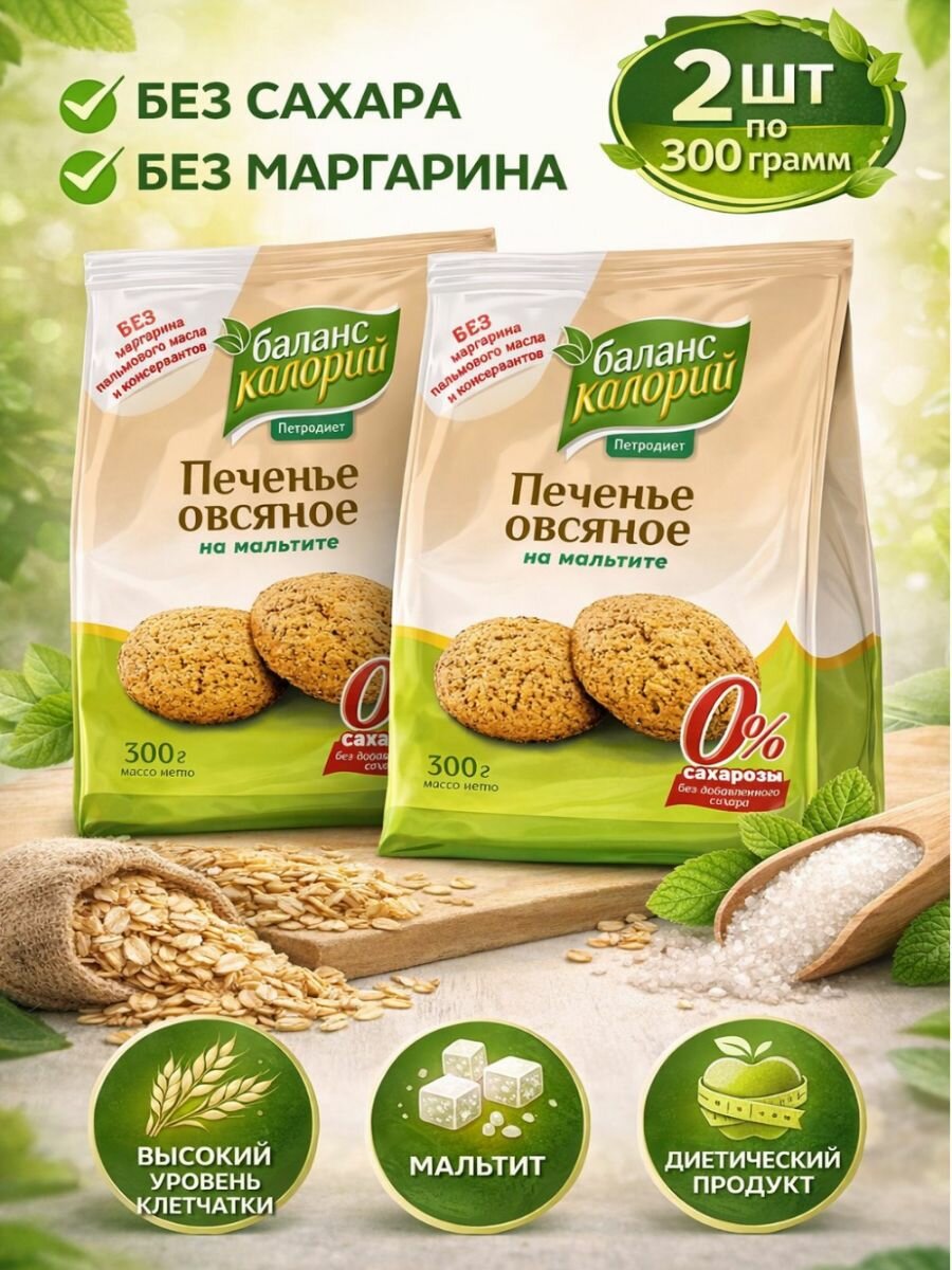 Печенье овсяное без сахара на мальтите, (2 уп*300г) Баланс калорий
