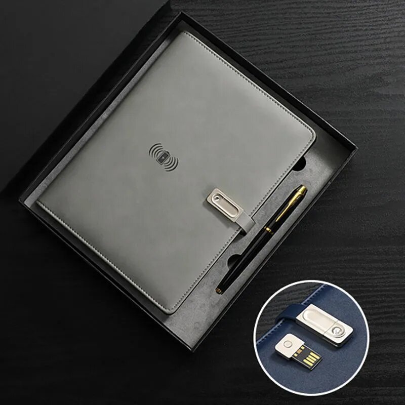 Ежедневник Power Notebook+ серый с беспроводной зарядкой, USB флешкой и ручкой