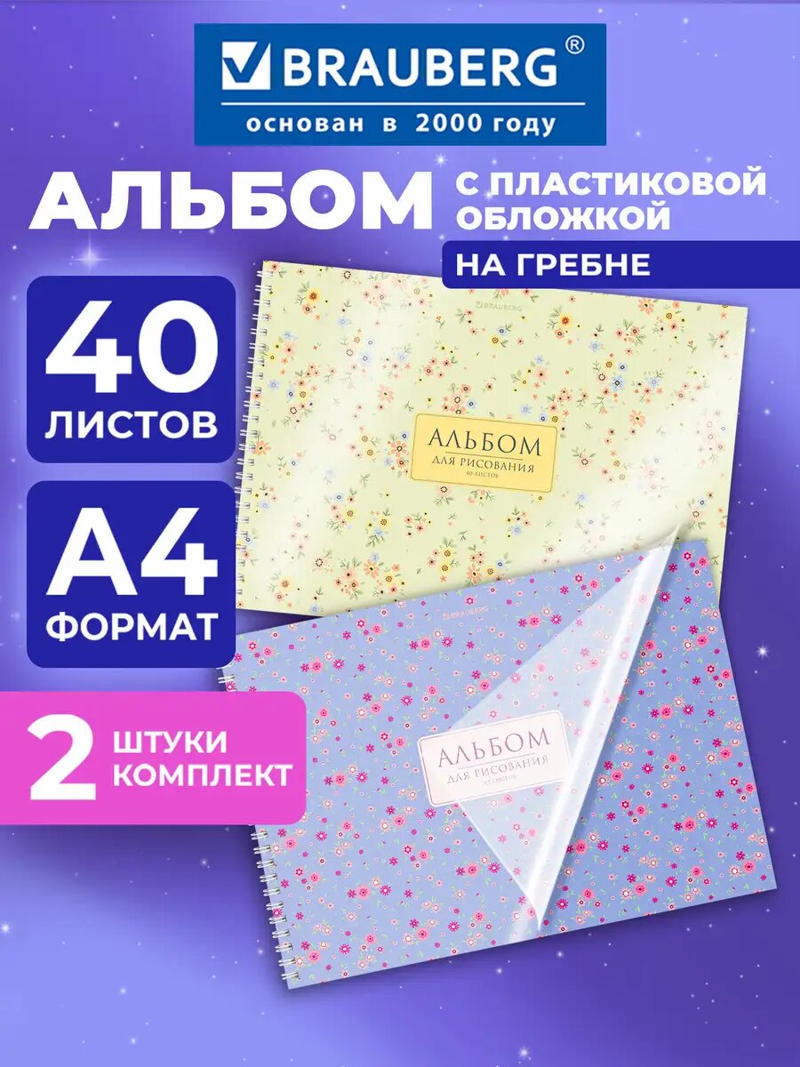 Альбом для рисования А4 в школу 40 листов на спирали, набор 2 штуки, обложка пластик, Brauberg Blossom, 107677