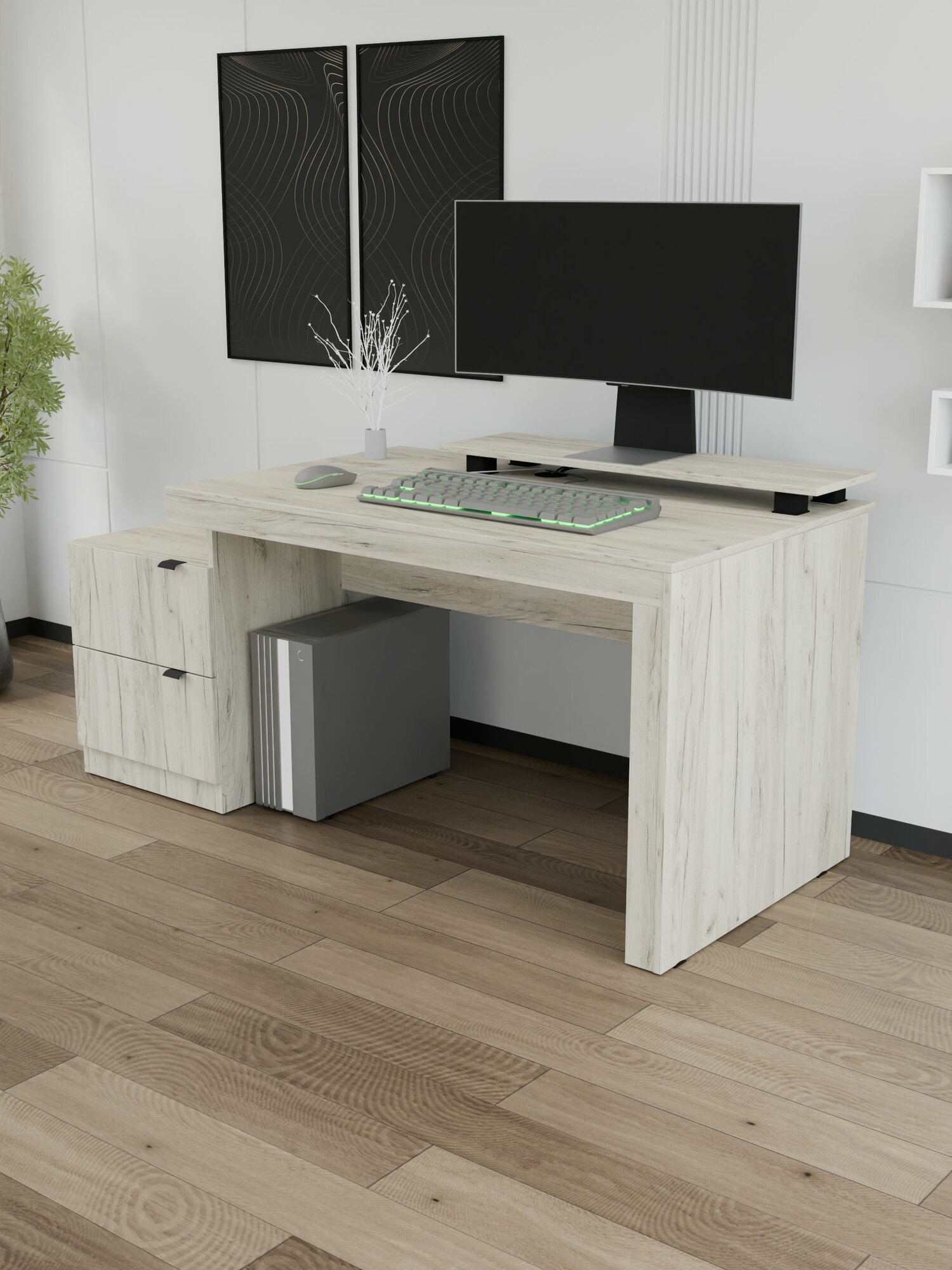 Изумлит Стол компьютерный для офиса и дома Вертикаль Компакт Лайт 165х73х74.5 см, тумба слева, дуб крафт белый