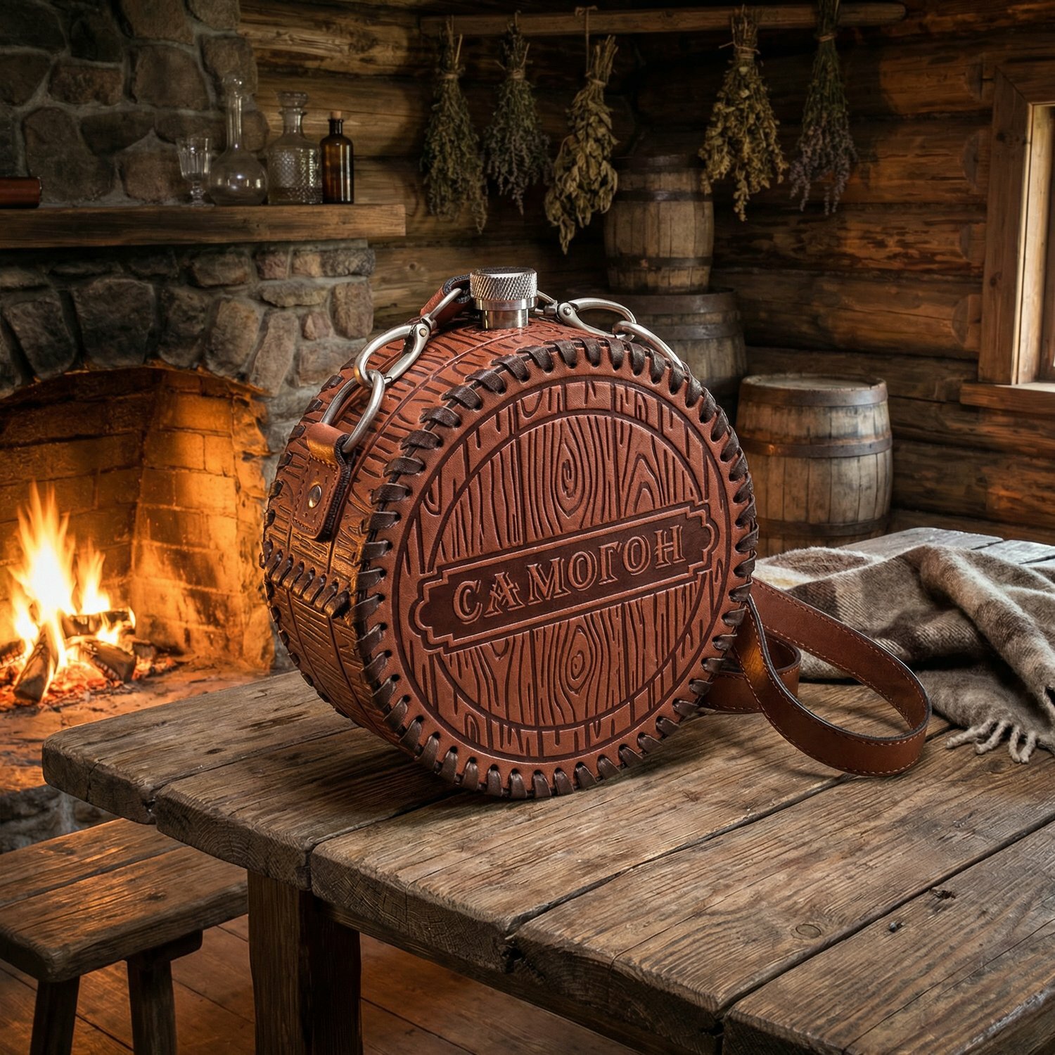 Фляга круглая 1л "Бочка", обтянутая натуральной кожей 546ФК-КТБ