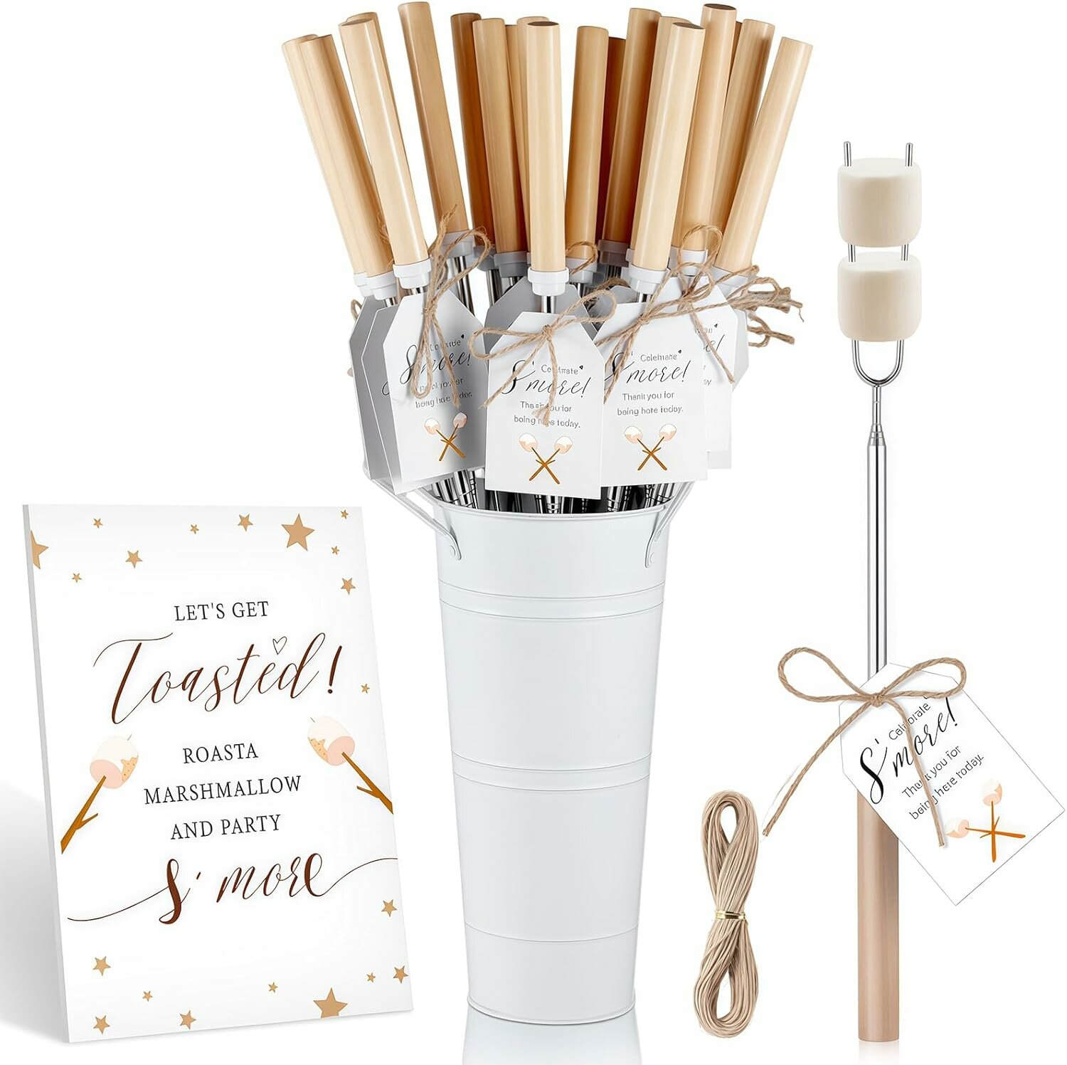 Набор из 24 выдвижных палочек для жарки зефира с белым металлическим ведром