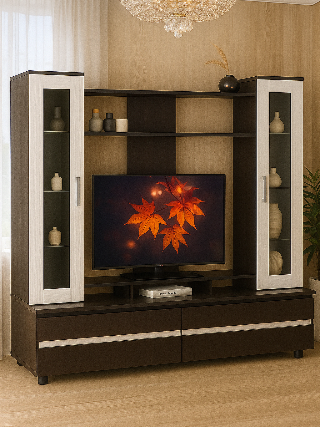 Стенка в гостиную "Эльза-2" цвет: корпус венге/фасады бодега светлая размер: 180x42x158 см