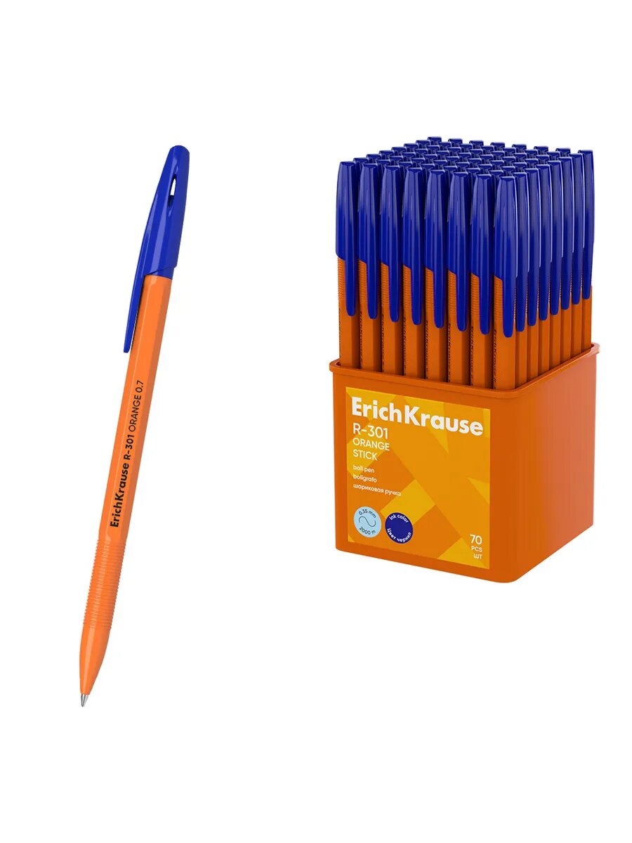 Ручка шариковая R-301 Stick Orange 0.7, синяя, стакан 70 шт.