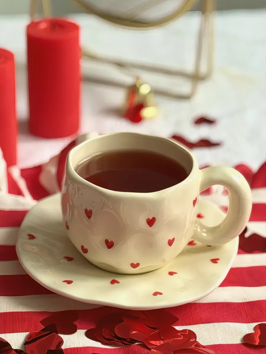 Чайная пара Тепло в руках "Сердечко", блюдце и кружка, ручная работа, керамика, 300 мл