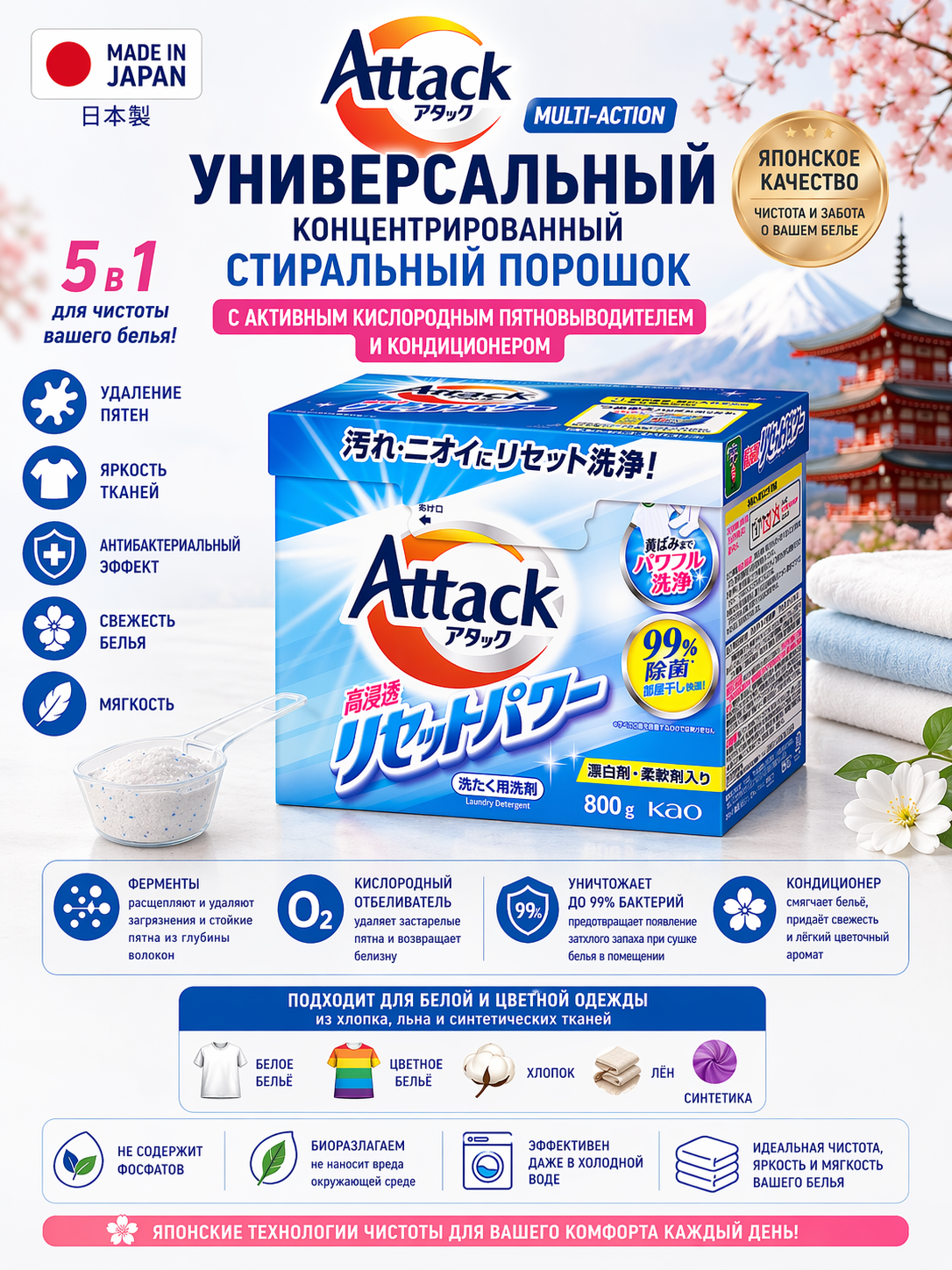 Порошок стиральный Attack автомат высокое проникновение 800 г
