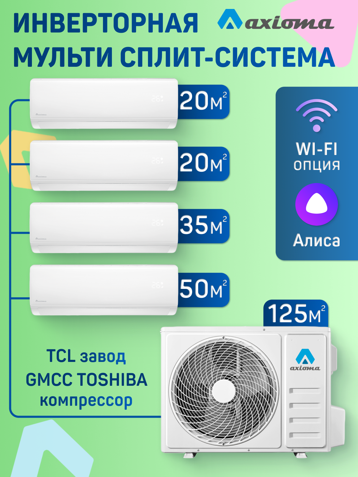 Мульти сплит-система Axioma 42 DC inverter, 7+7+12+18 BTU, А++ класс, инверторный кондиционер, 125м², на 4 комнаты