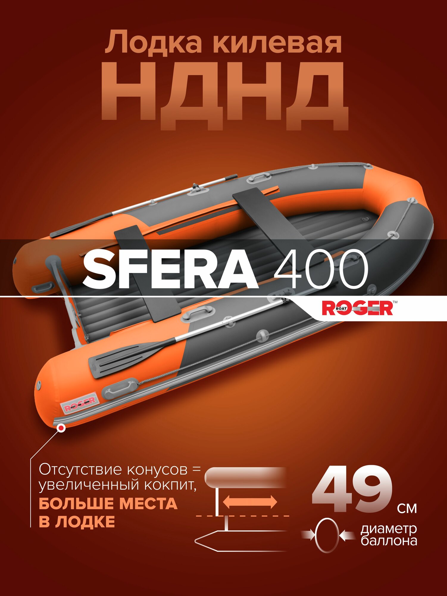 Лодка ПВХ под мотор ROGER Sfera 400, надувная для рыбалки НДНД килевая (графит - оранжевый)