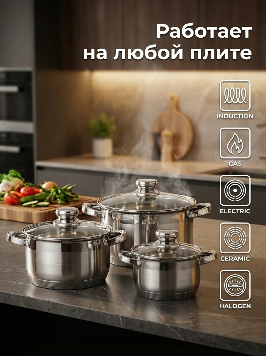 Набор кастрюль из нержавеющей стали 6 с индукционным толстым дном с крышками 3шт восток из нержавейки для приготовлени