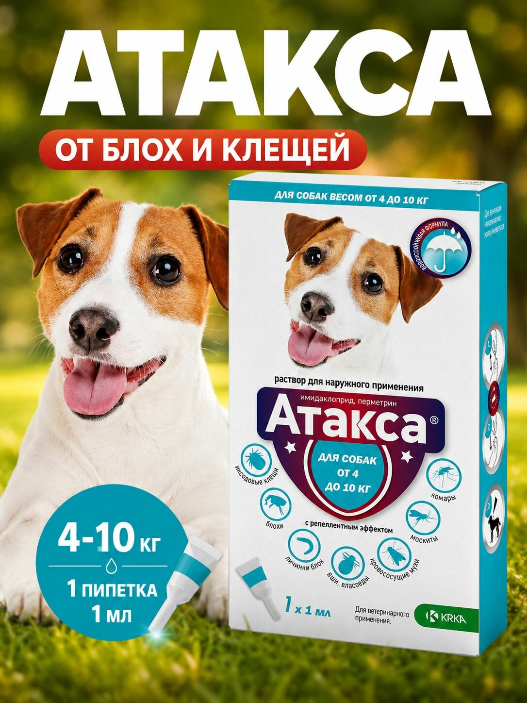 Капли на холку от блох и клещей для собак Атакса 4-10 кг, 1 мл 1 пипетка, инсектоакарицидное репеллентное средство от вшей и власоедов для средних мелких пород такс корги мопсов Ataxa
