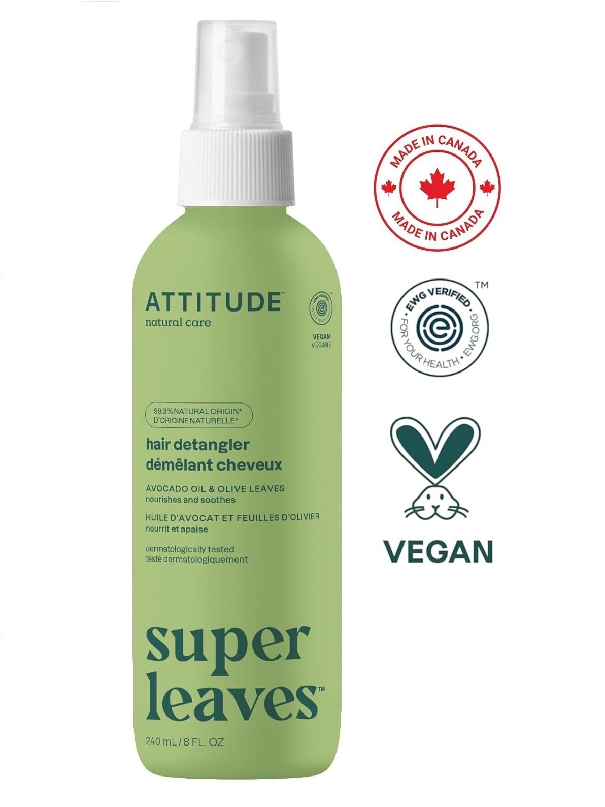 ATTITUDE Спрей для распутывания волос Avocado oil & Olive leaves (Масло авокадо и Листья оливы) 240 мл, Канада