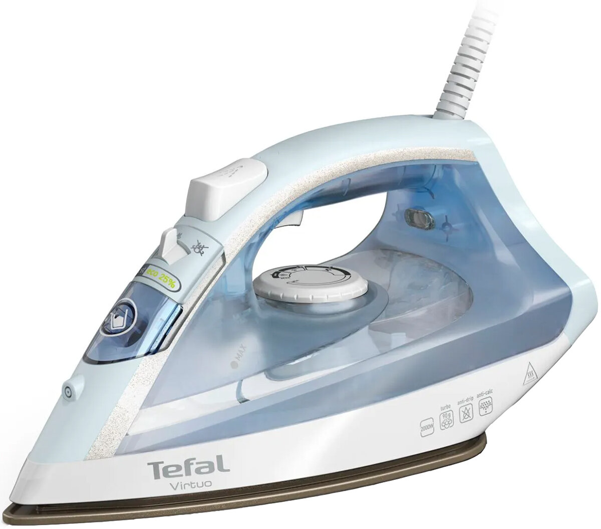 Паровой утюг Tefal Virtuo FV1R15F1 голубой, 2000Вт, Подача пара: 24 г/мин, Паровой удар: 90 г/мин.