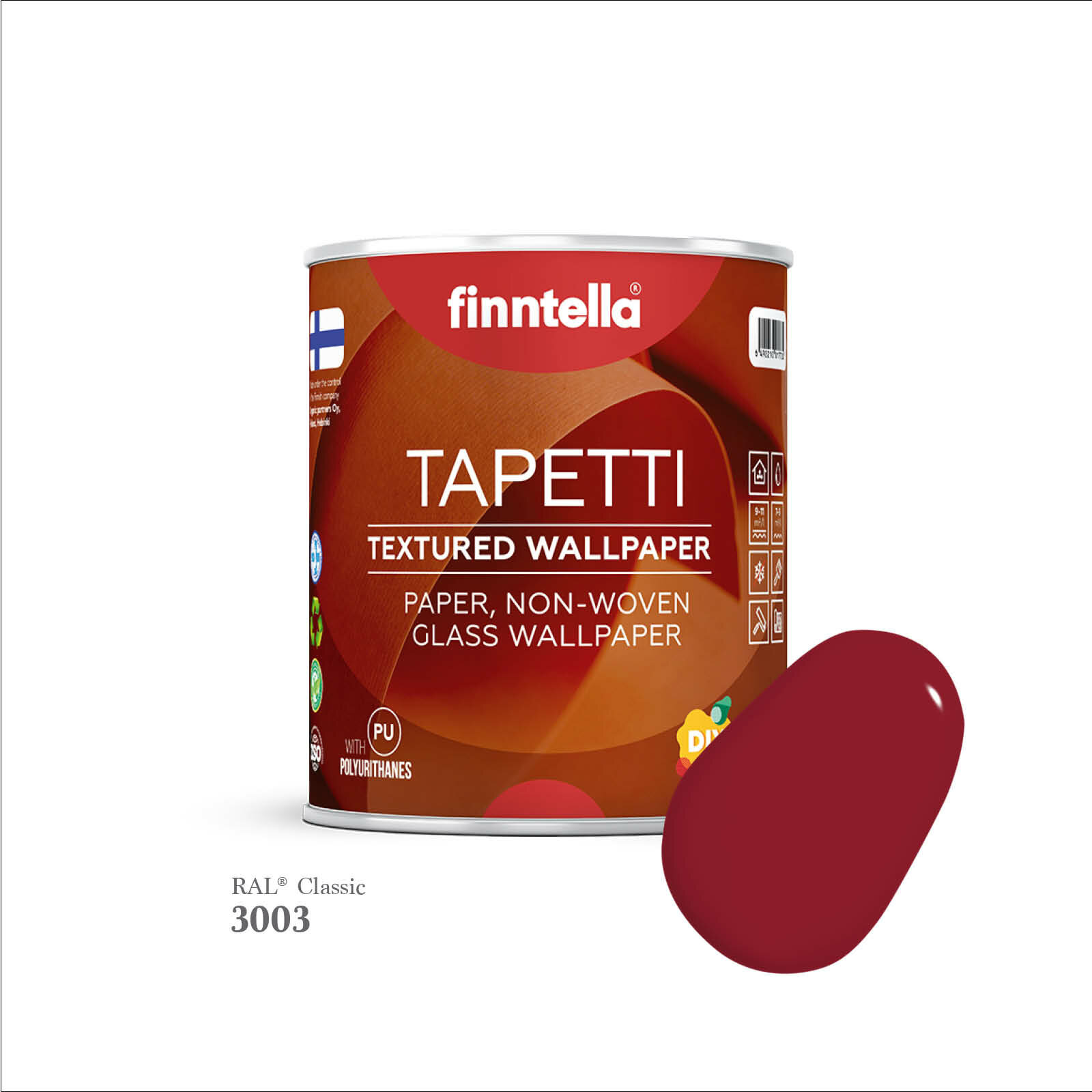 Шелковисто-матовая краска для обоев под окраску TAPETTI SILKKI Matta FINNTELLA, Цвет RAL 3003 Рубиново-красный (Ruby red), 0,9л