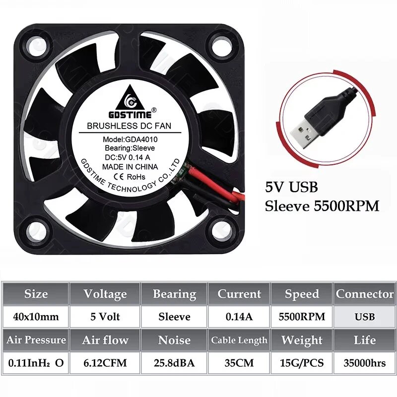 Gdstime 4010 вентилятор для 3D-принтеров Черный, 1PC 4010 Axial Fan, 5V USB 5500RPM