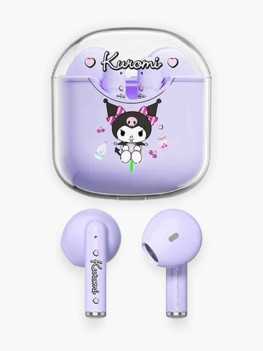 Наушники детские беспроводные с Куроми в зарядном кейсе, Bluetooth, с ограничением громкости, для девочек, фиолетовые Vivacat Kids Kuromi