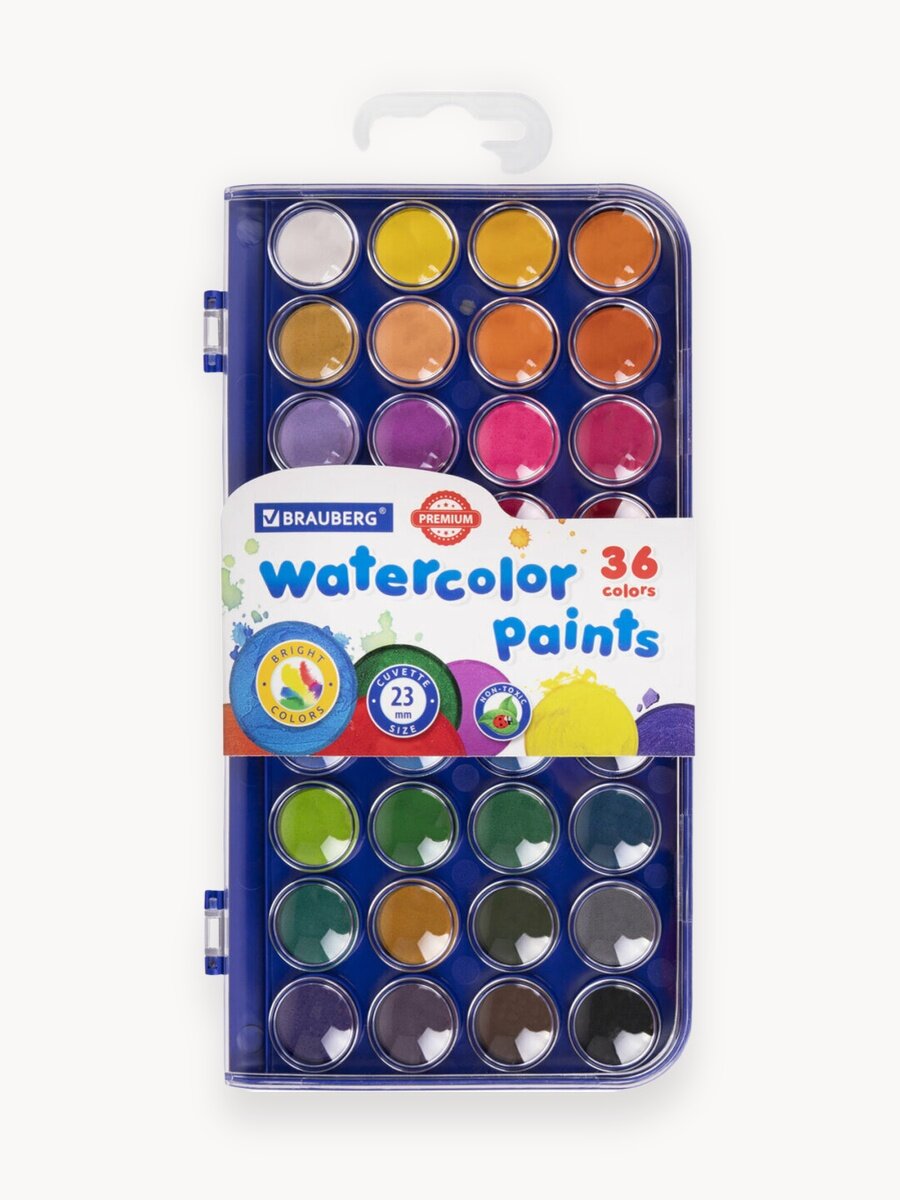 Краски акварельные для рисования сухие Brauberg Premium 36 цветов, круглые кюветы 23 мм, 191746