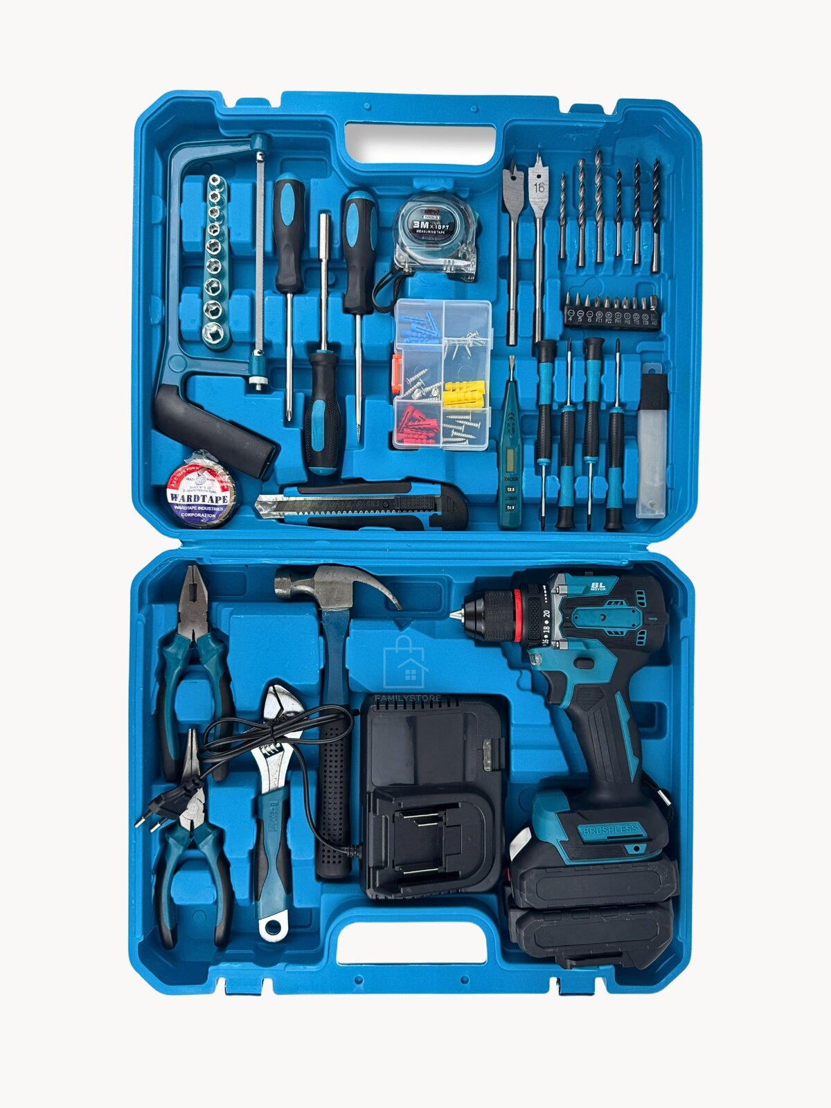 Набор инструментов для дома, ударный шуруповерт, 50 шт, 2 АКБ, кейс