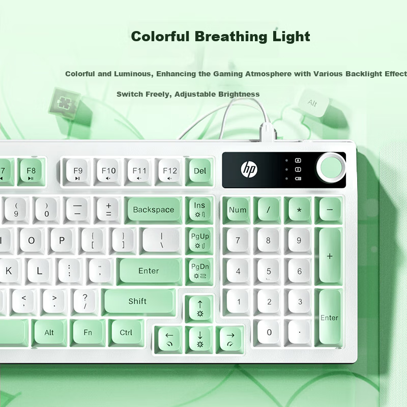 HP K500F Mechanical Feel Wired Keyboard with Silent Multi-function Knob for Office Gaming Desktop Computer Notebook Universal Green White