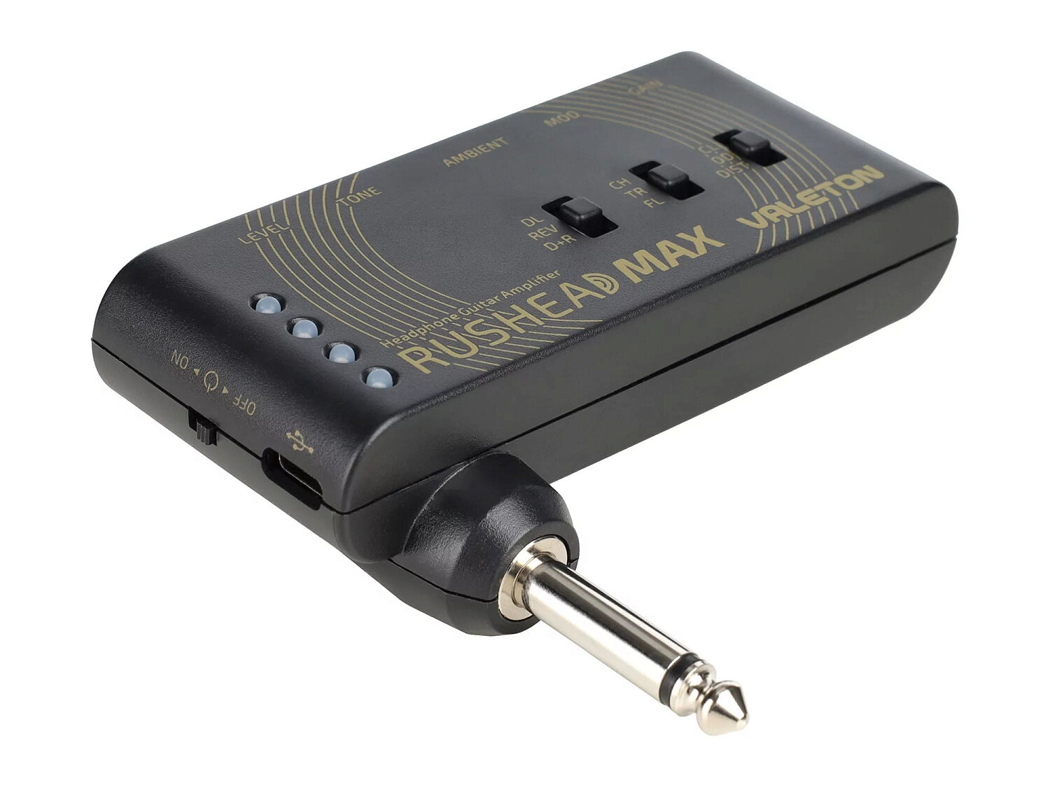 Компактный гитарный усилитель-эмулятор Rushead Max Valeton [RH-100] 5 регулировок для управл. модели clean, overdrive and distortion, эффекты: chorus, tremolo, flanger, reverb, delay, вход Aux, время работы от встроенн. аккумулятора 5 ч, зарядка по USB
