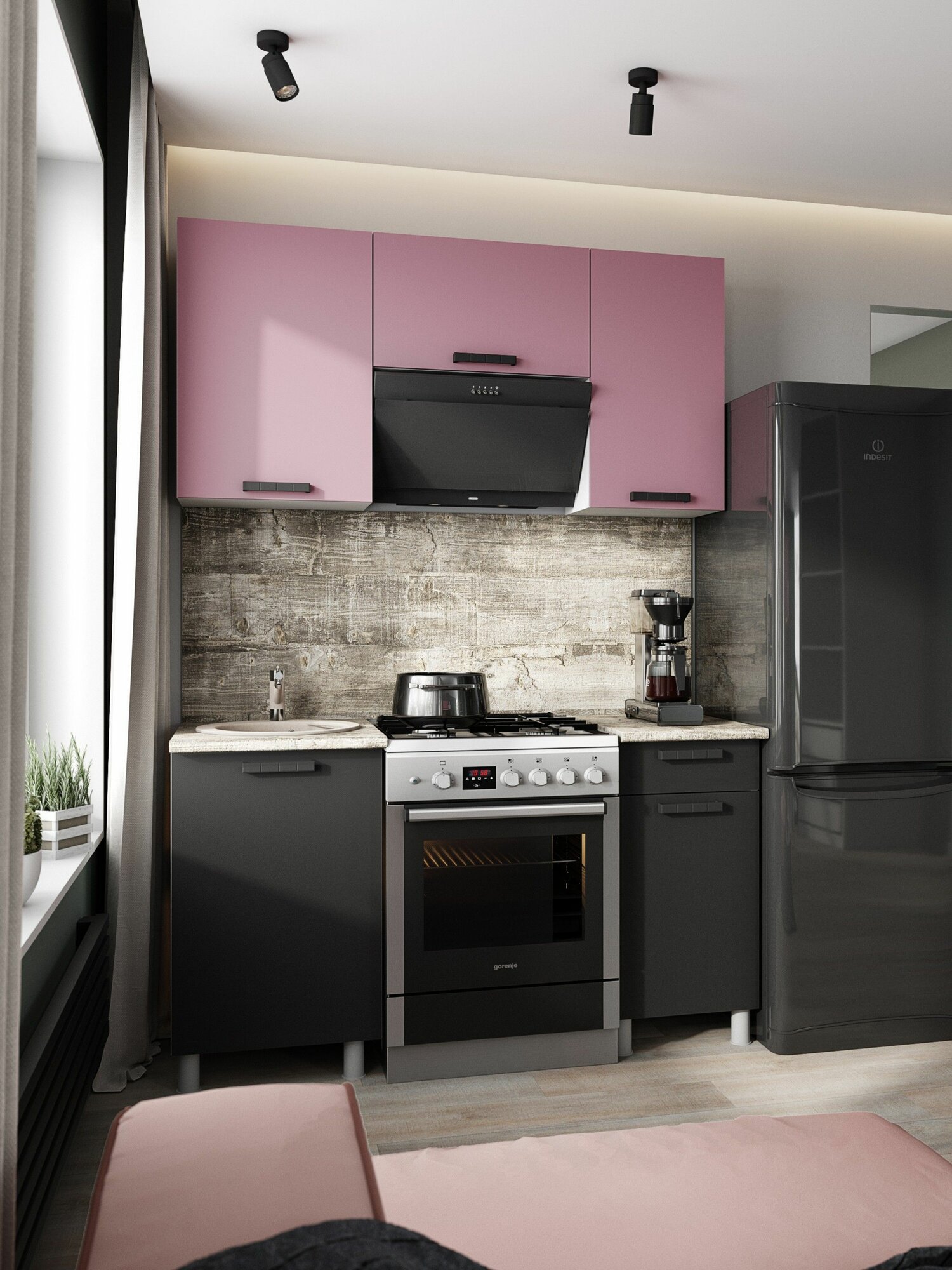 Кухонный гарнитур с окапом Осло МДФ 1,5м карбон сакура/карбон вулкан без столешницы