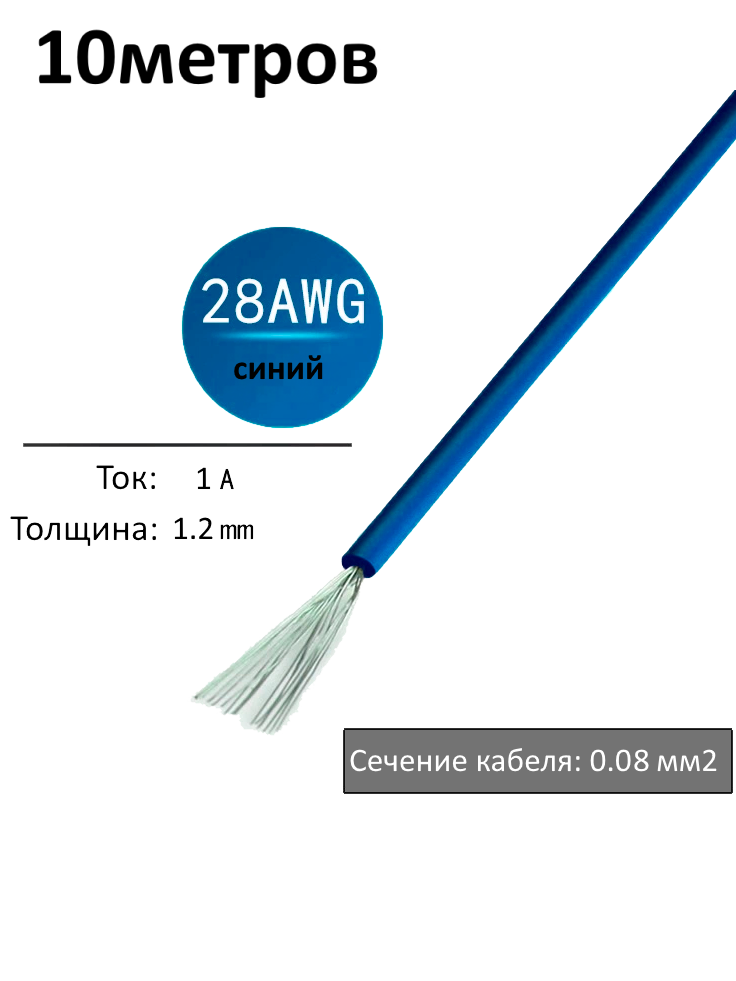 Провод электрический 28AWG, 0.08 кв. мм синий многожильный 10м.
