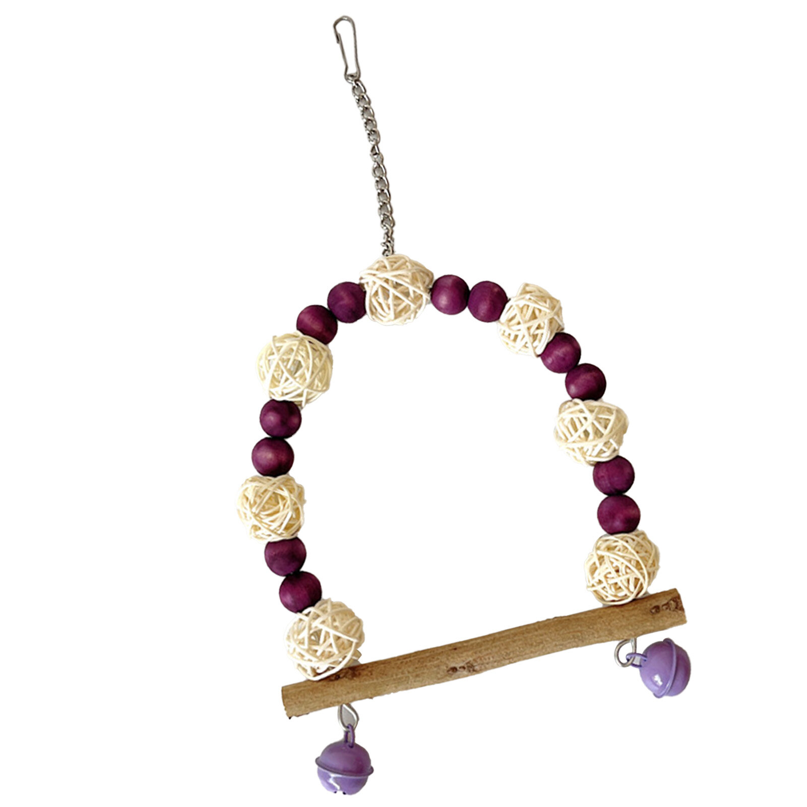 Игрушка-качели для птиц, разноцветные деревянные бусины, ротанговый шар, качели для попугаев, жердочка с колокольчиками для корелл, неразлучников, фиолетового цвета