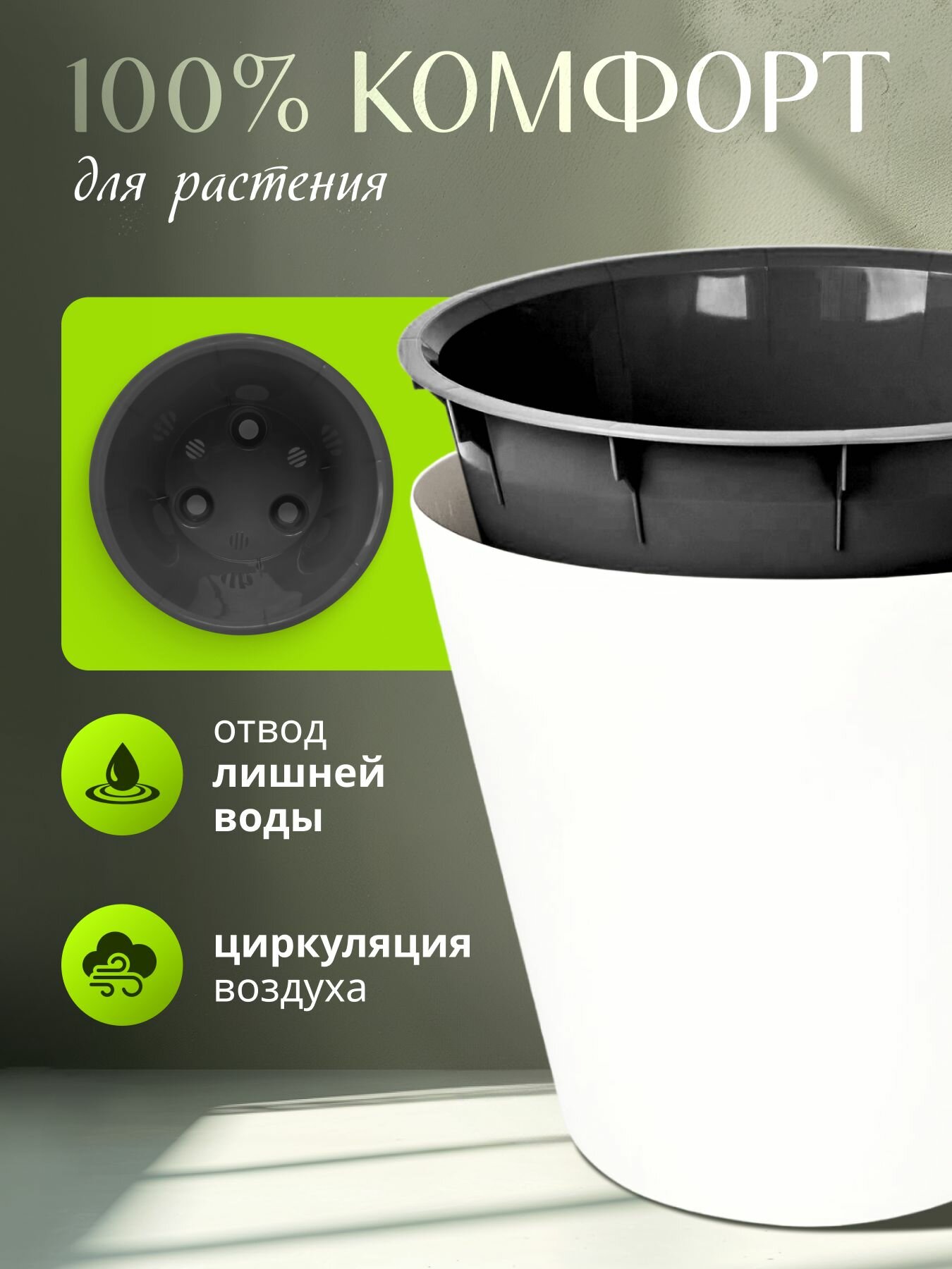 Горшок для цветов InGreen London D160 мм, 1,6 л, с дрен. вставкой белый