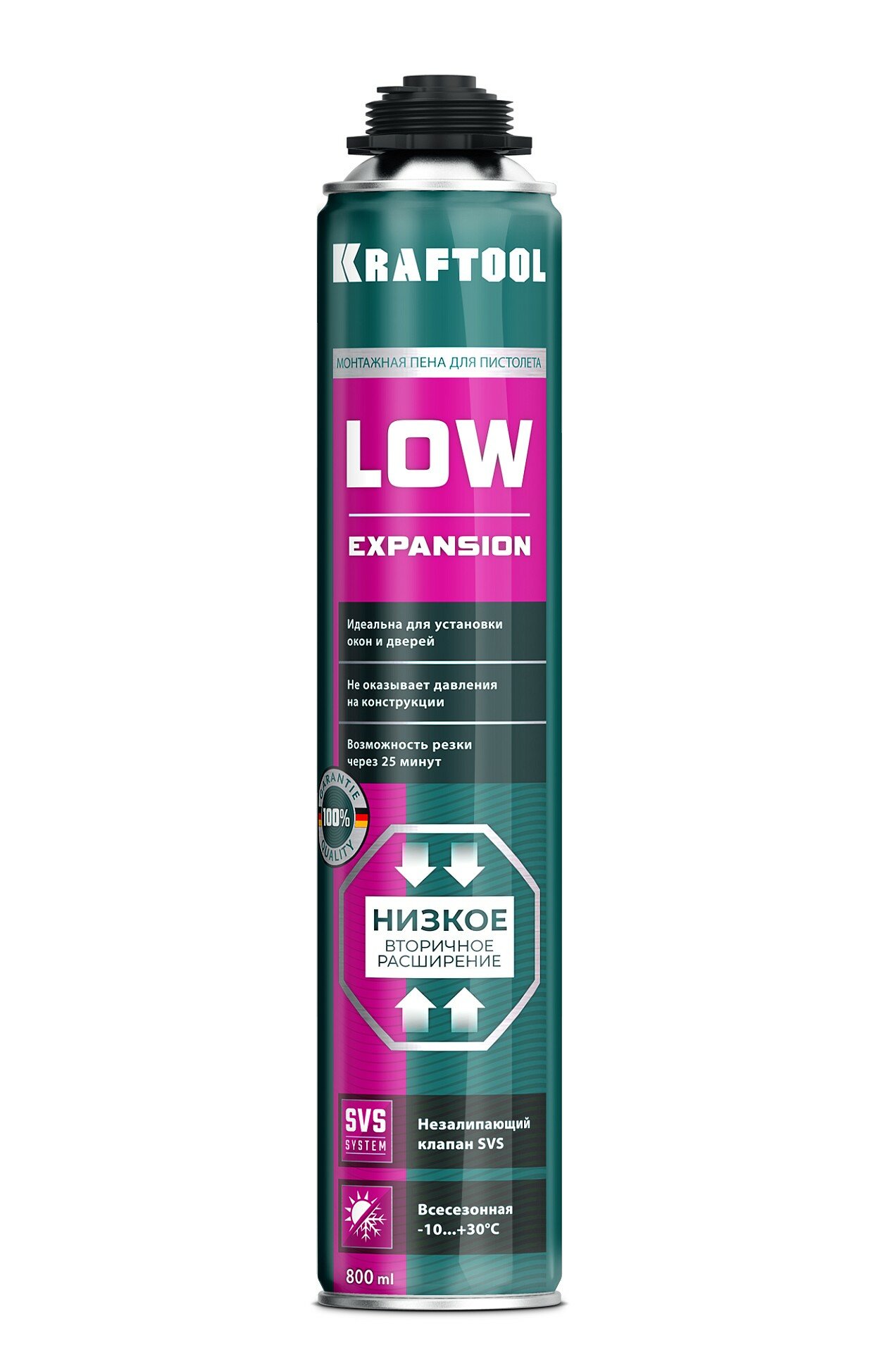 Монтажная пена KRAFTOOL LOW EXPANSION, 800 мл, пистолетная, всесезонная, SVS, не залипающий клапан, выход до 50 л