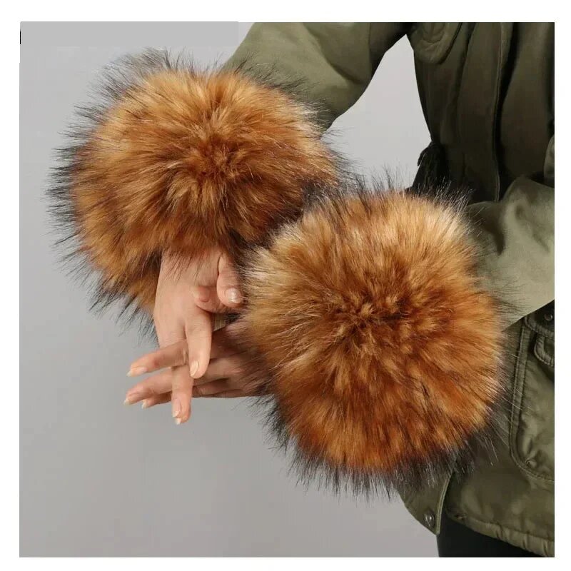 2 шт Женские фальшивые меховые манжеты эластичная меховая рука теплее зимняя пушистый плюшевый ветропроницаемый браслет рукав куртки аксессуары,33,15, искусственный мех,35, коричневый, SKU00285