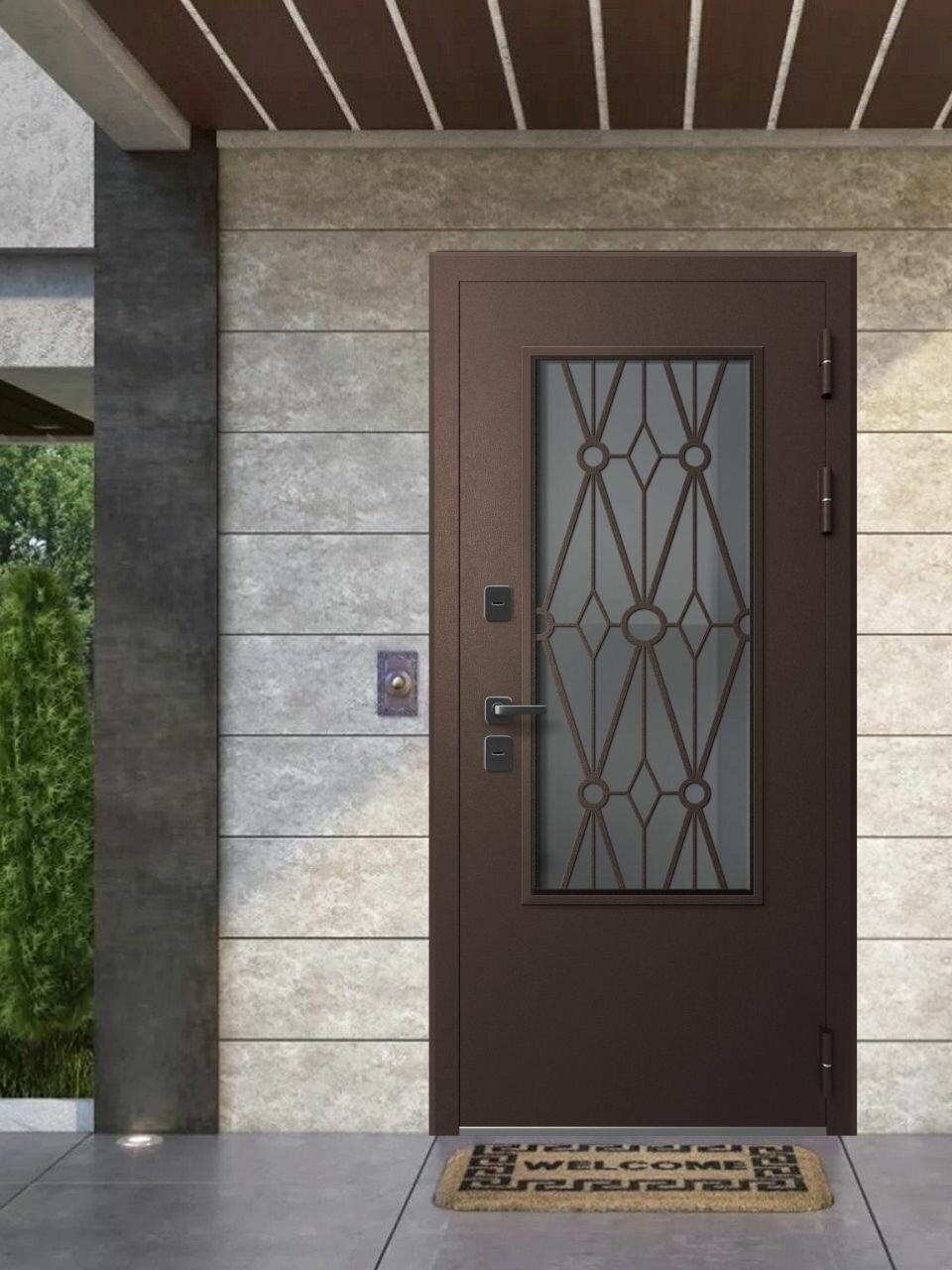 Дверь стальная мегатрон СП-30 со стеклопакетом Шоколад муар металлик - Астана Эш Уайт 860 левая (терморазрыв)