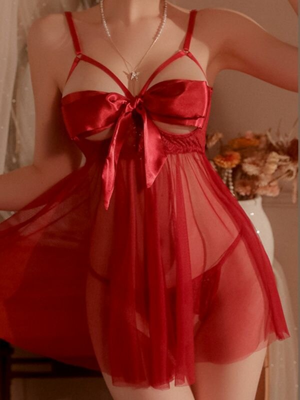 Красный сексуальный комплект нижнего белья (plus size) с леновыми спагетти-стропами, облегающей пижамой, профорированными detalями, узлами и горячим стилем в стиле униформы