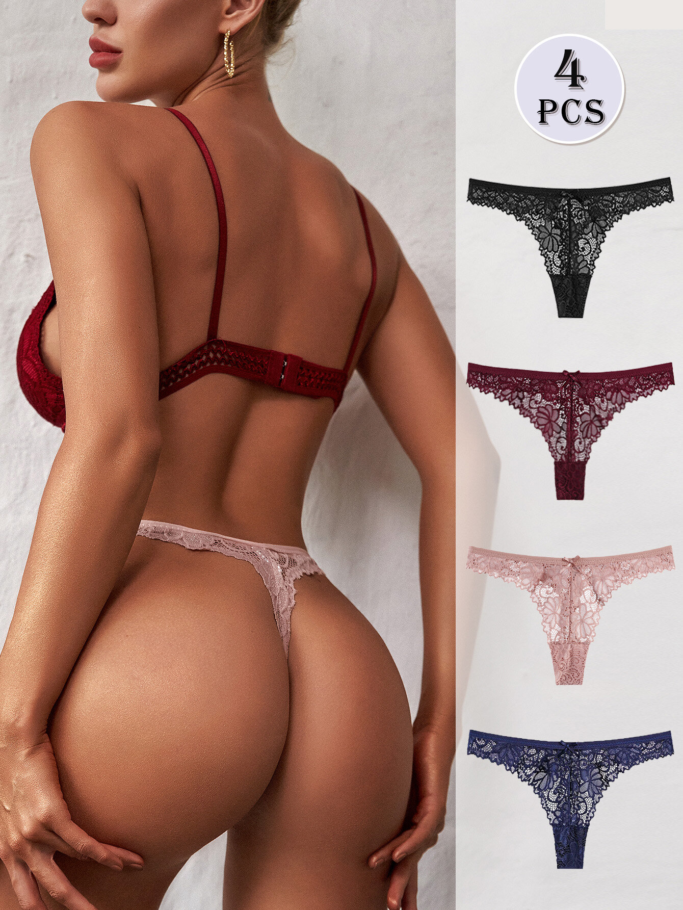4PCS Женские кружевные стринги Трусики Комфортные Низкая Талия Сексуальное Нижнее Белье