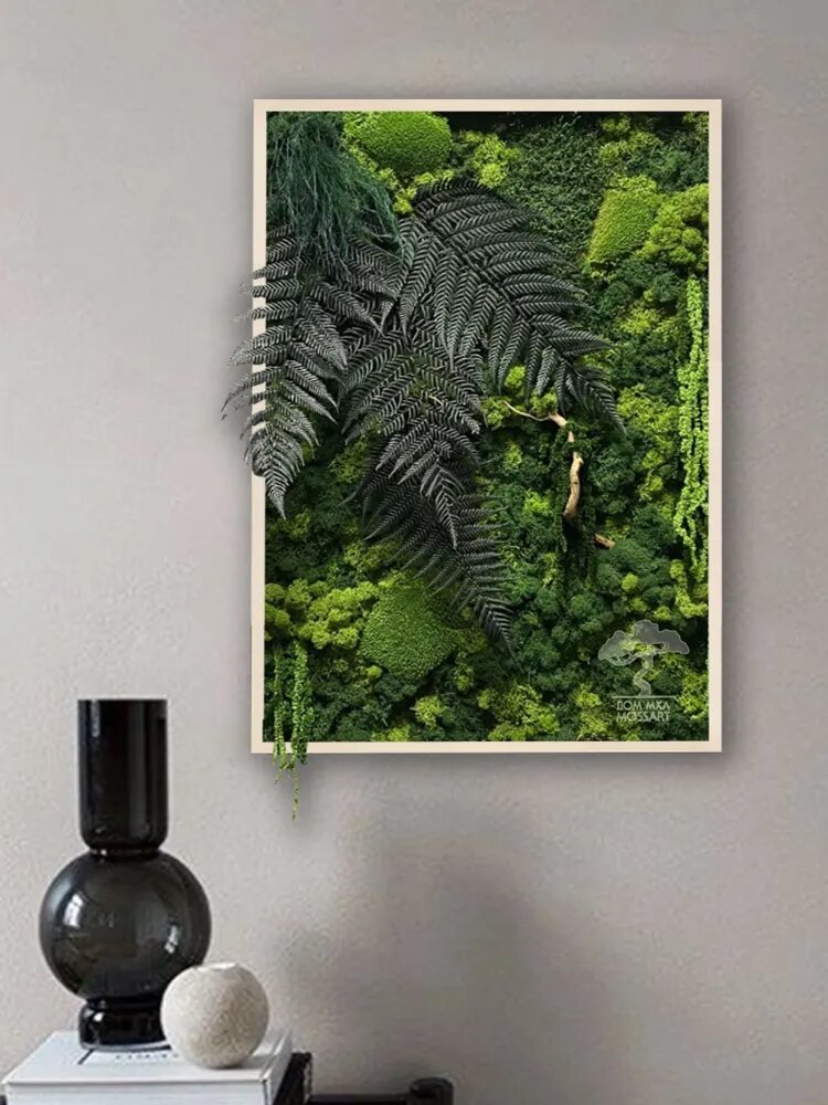 Панно в раме "Jungle Dark" из стабилизированного мха и растений в подарочной упаковке, Бежевый, 50*70 см.