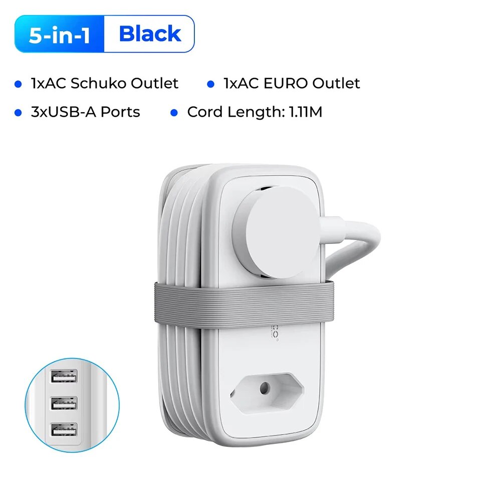 ORICO Удлинитель с 5 розетками, USB 3A, белый, 1.11м