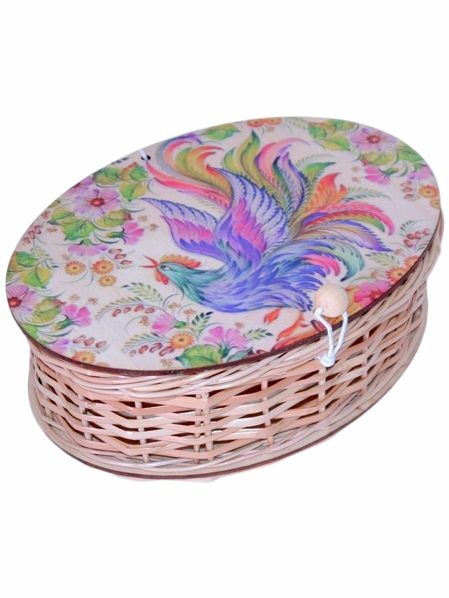 Шкатулка (корзина) овальная плетеная с принтом на крышке №1/1 - петушок, ручное плетение из лозы
