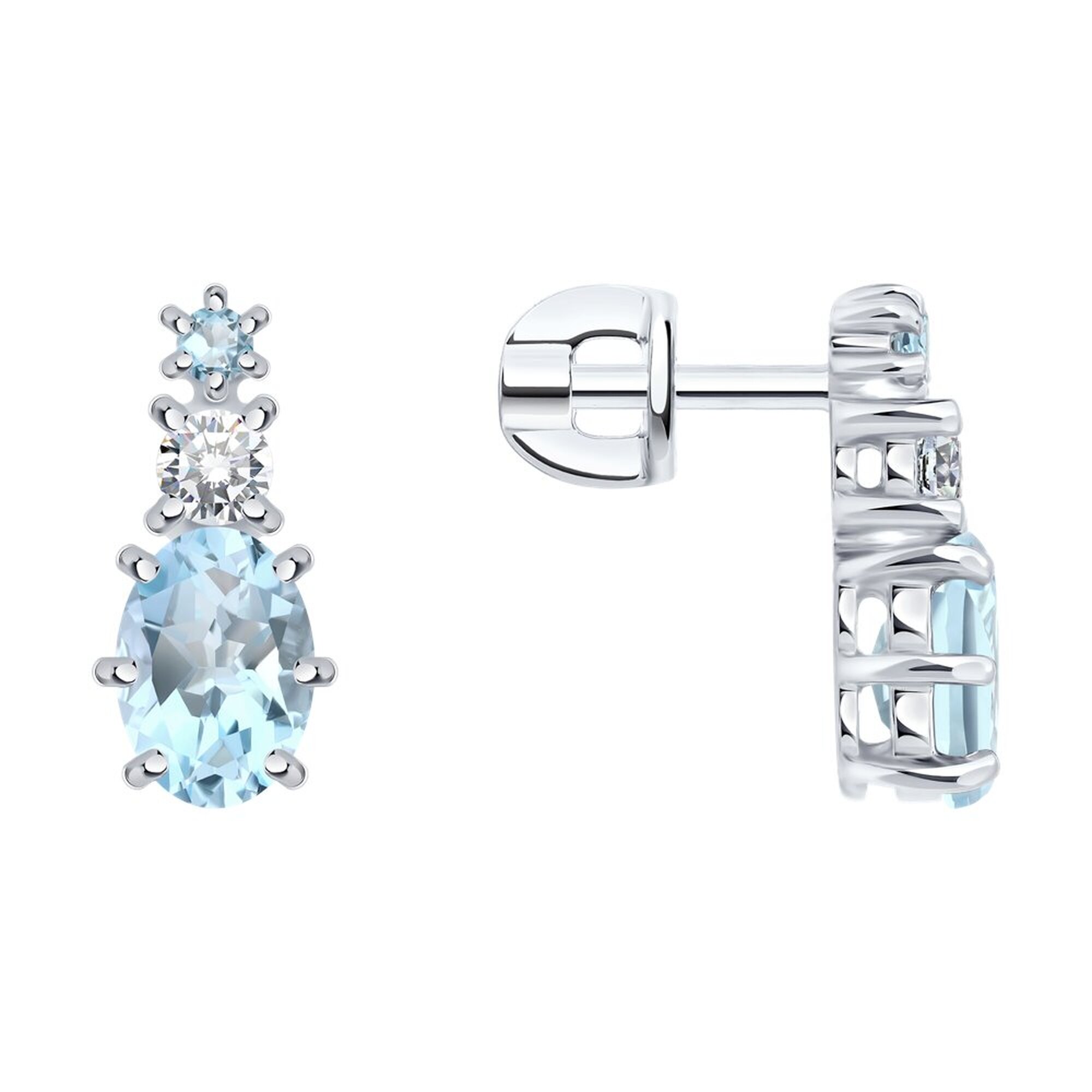 Серьги пусеты, серебро, 925 проба, родирование, фианит, топаз