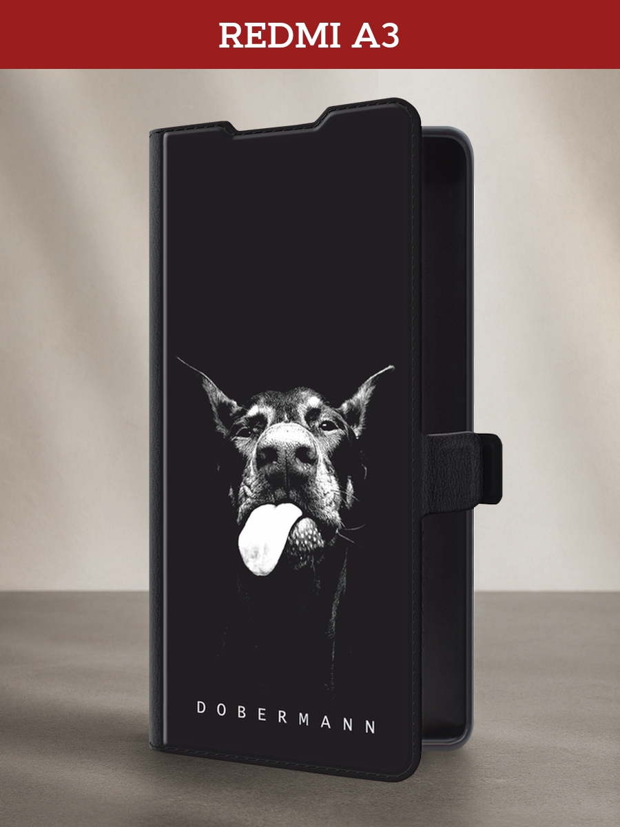 Чехол-книжка на Xiaomi Redmi A3/A3x/Poco C61 / Редми А3/Редми А3х/Поко С61 с принтом Язык добермана, черный