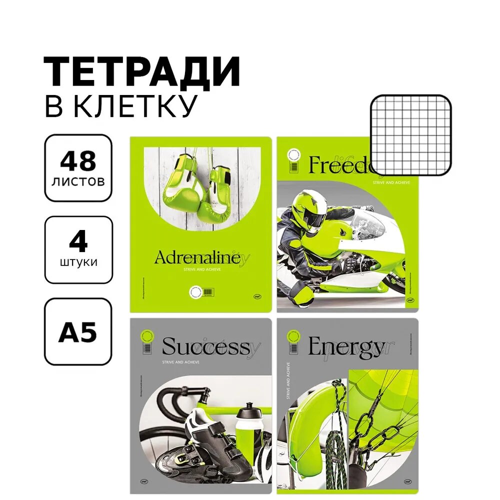 Тетрадь для школы общая в клетку 48 листов BG "Моя энергия", формат А5 / Набор 4 штуки стильные, яркие