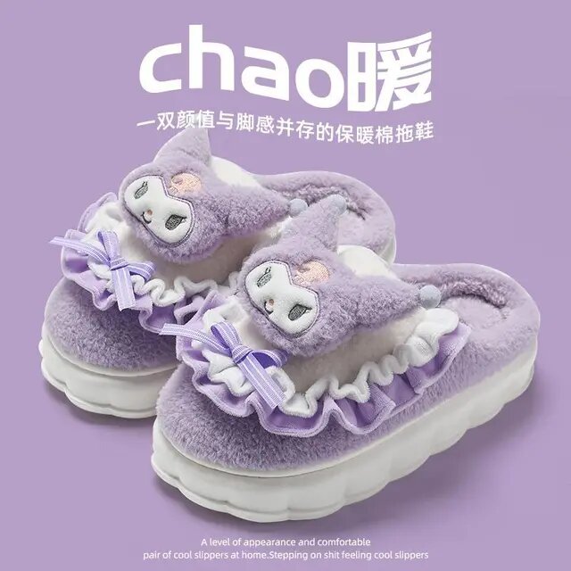 Милые тапочки Hello Kitty для женщин и девочек с рисунком из мультфильма «Мелодия Санрио», зимние теплые тапочки на платформе, нескользящие домашние тапочки Kuromi, Height,38-39