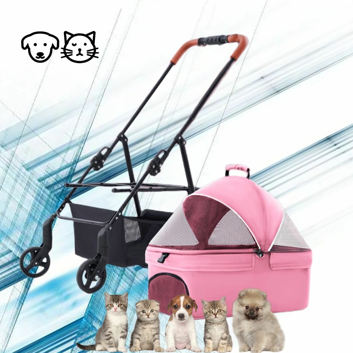Коляска для перевозки животных, Легкая Складная коляска для собак и кошек, нагрузка до 20 кг, 50 x 59 x 97cm