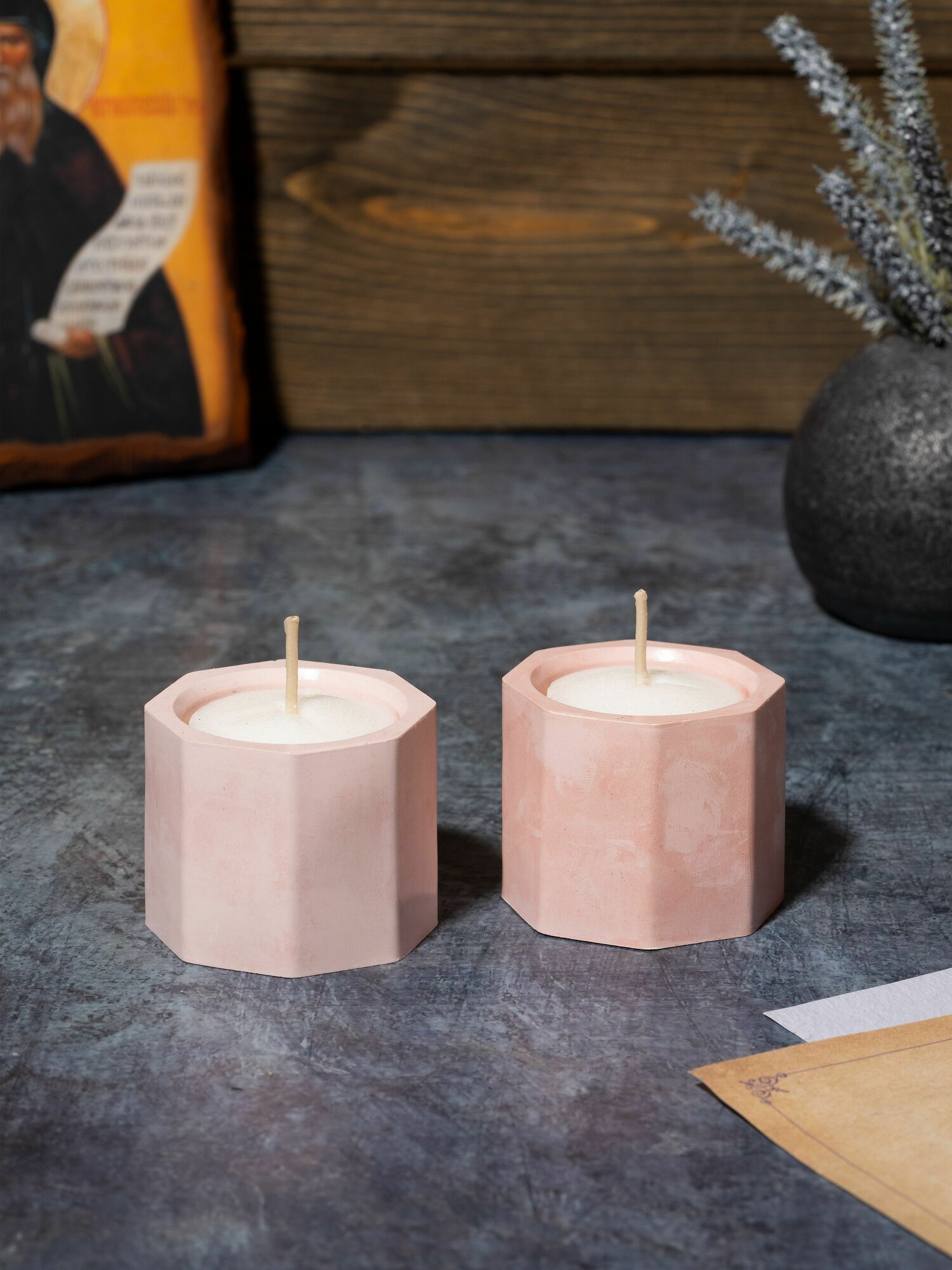 Кашпо розовое гипсовое 2 шт, подсвечник для свечей и суккулентов