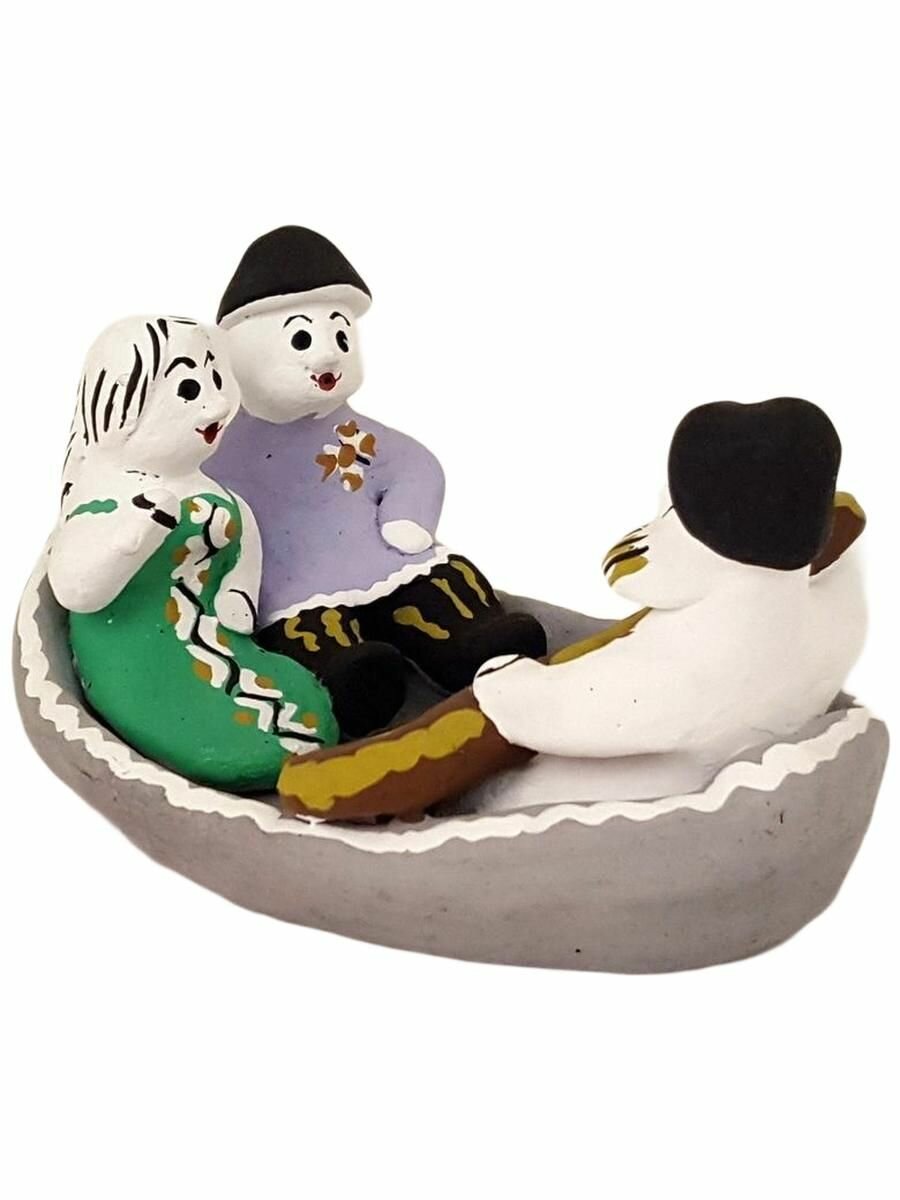 Троица в лодке, Каргопольская глиняная игрушка, ручная авторская работа